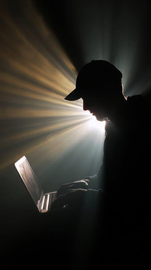 Silhouette of a Person Using Laptop with Light Rays in Background Stock ...
