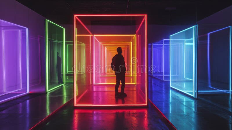 Silhouette of Person in a Vibrant Neon Light Installation Stock ...