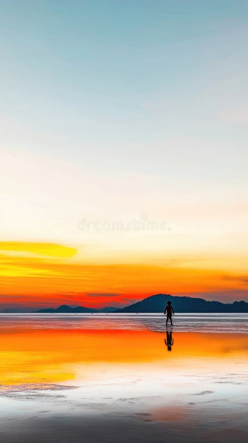 Silhouette of Person at Vibrant Sunset with Reflection on Calm Water ...