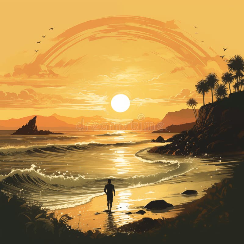 Silhouette of a Person Walk on the Beach Stock Illustration ...