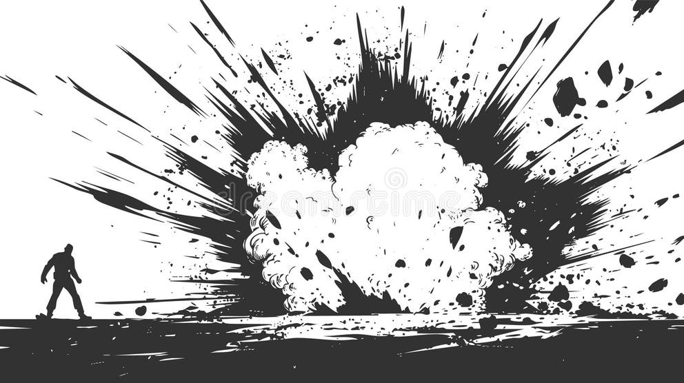 Silhouette of Person Walking Away from a Dramatic Explosion Scene ...