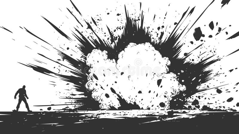 Silhouette of Person Walking Away from a Dramatic Explosion Scene ...