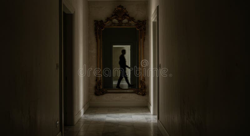 Silhouette of a Person Walking in a Dark Hallway with an Ornate Mirror ...