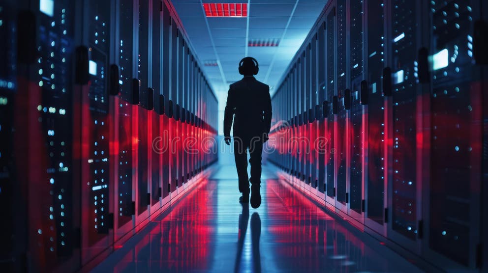 Silhouette of a Person Walking through a Dimly Lit Server Room with ...