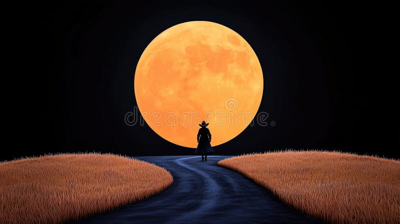 Silhouette of a Person Walking Down a Path Under a Glowing Full Moon ...