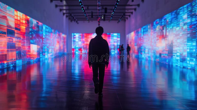 Silhouette of Person Walking in Dynamic Digital Exhibition with Vibrant ...