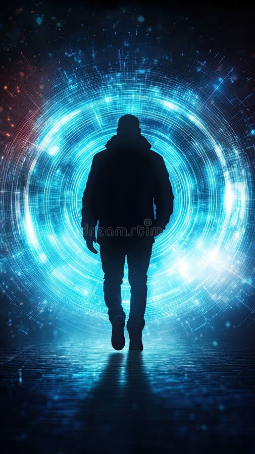 Silhouette of Person Walking into Glowing Digital Vortex Stock ...