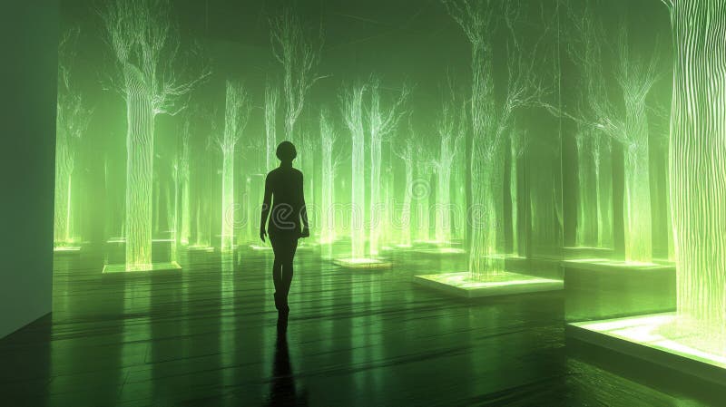 Silhouette Person Walking through Glowing Green Forest at Night Stock ...