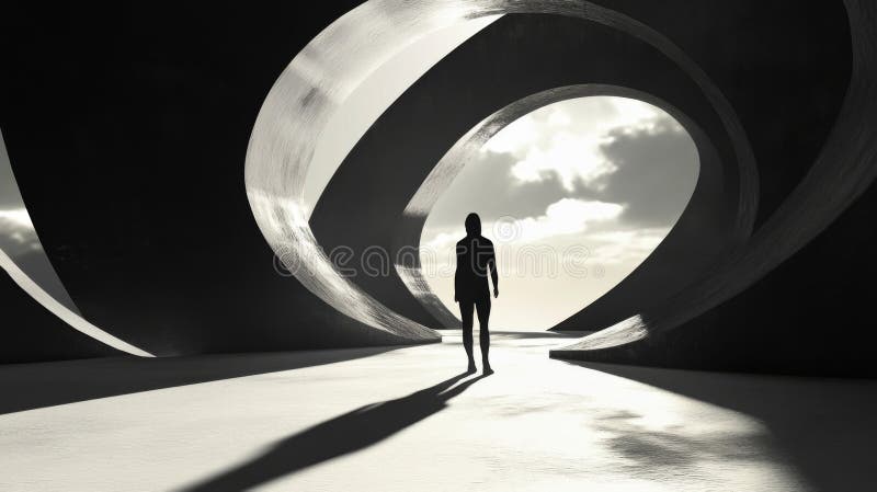 Silhouette of a Person Walking through a Modern Abstract Structure ...