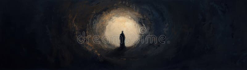 Silhouette of a Person Walking Towards a Bright Light at the End of a ...
