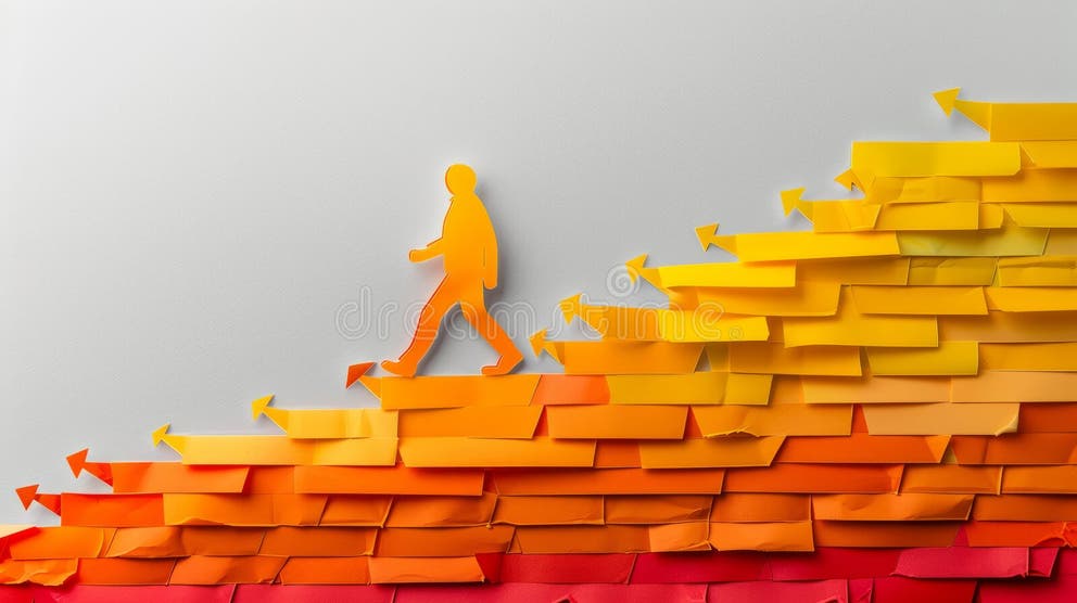 Silhouette of a Person Walking Up Multi-colored Steps with Arrows ...
