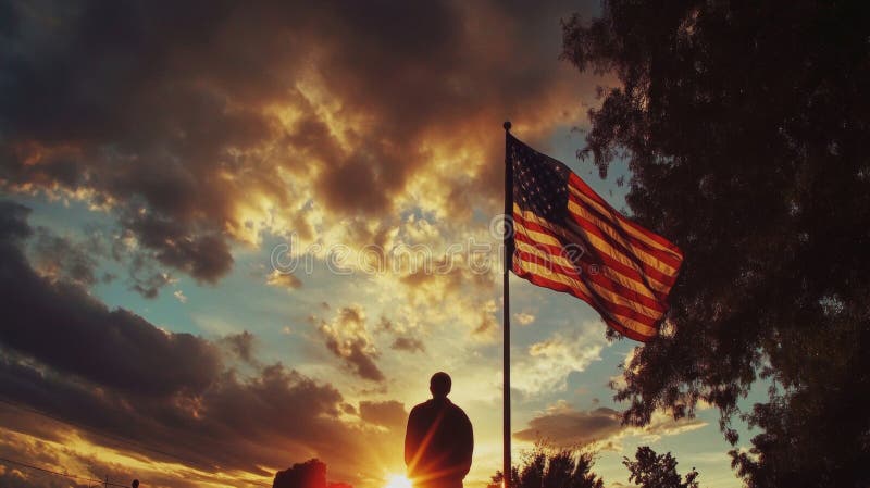 Silhouette of a Person Watching an American Flag Wave at Sunset Stock ...