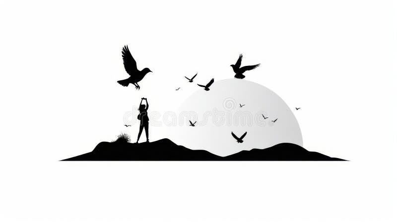 Silhouette of a Person Watching Birds Fly Stock Illustration ...