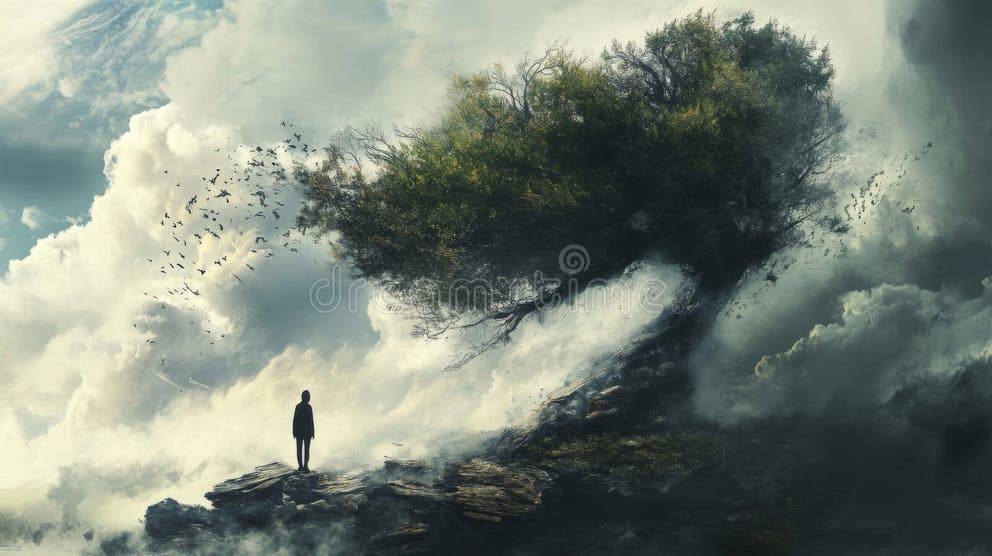 Silhouette of a Person Watching a Disintegrating Tree Under a Dramatic ...