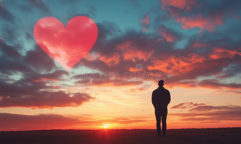 Silhouette of a Person Watching Sunset with Heart Shape in Clouds Stock ...