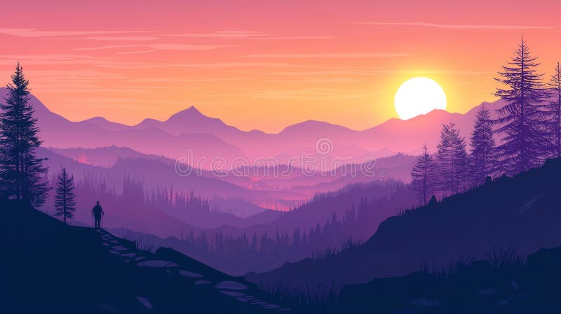 Silhouette of a Person Watching the Sunset Over a Mountain Range Stock ...