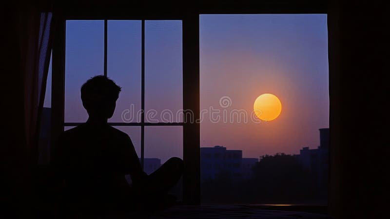 Silhouette of a Person Watching Sunset from Window Stock Illustration ...