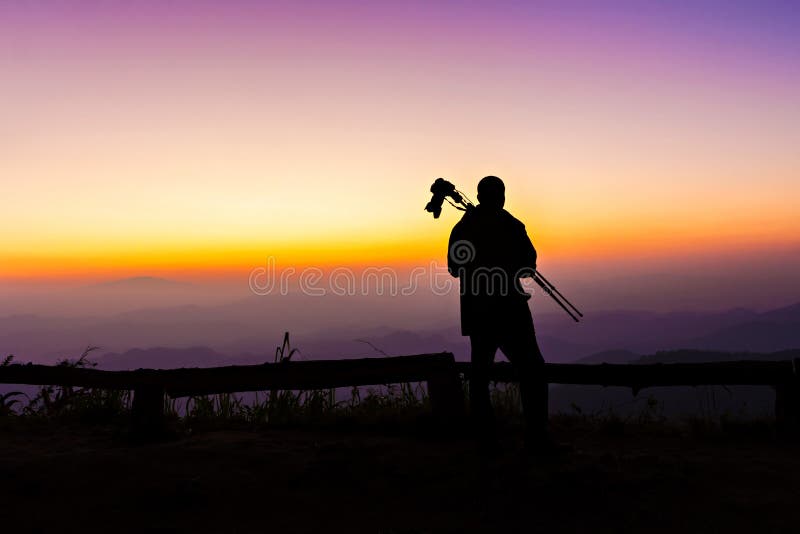 Silhouette of Photographer Standing at View Point Stock Photo - Image ...