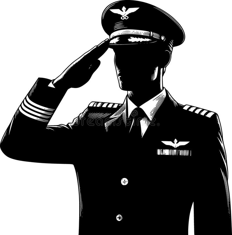 Silhouette of Pilot in Uniform Saluting, with Cap and Shoulder Stripes ...