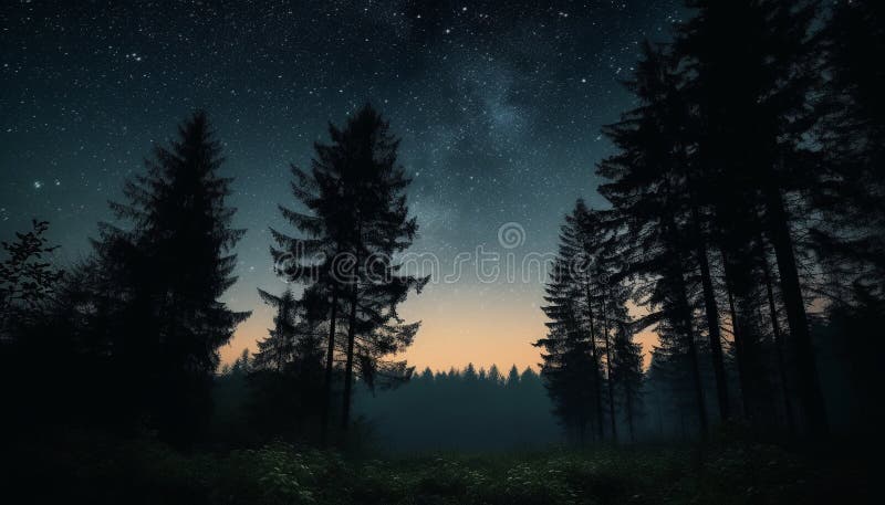 Silhouette of Pine Tree in Starlit Forest Under Milky Way Generated by ...