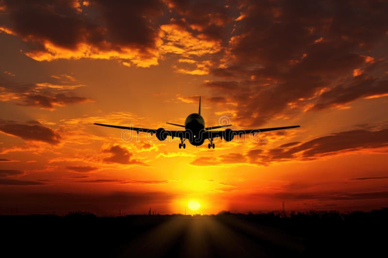 Silhouette of a Plane in Flight Blended with a Sunset Stock Photo ...