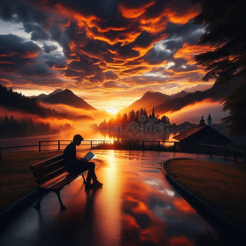 Silhouette Portrait of a Person Reading at Sunrise Stock Illustration ...