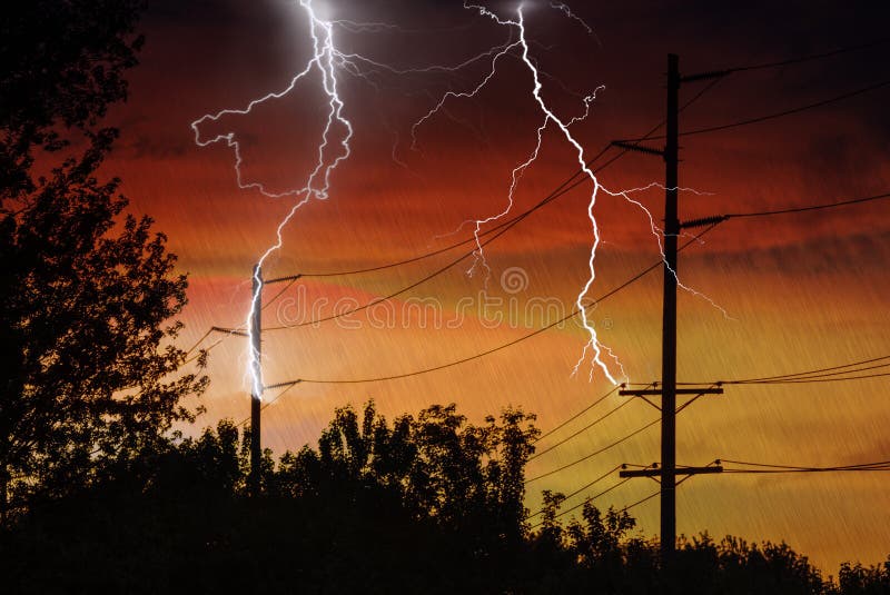 Power Distribution Station with Lightning Strike. Stock Image - Image ...