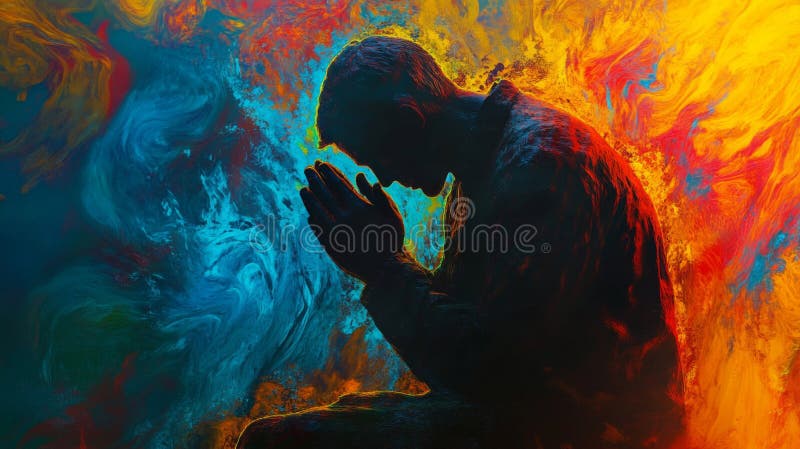 Silhouette of a Praying Man in Vibrant Abstract Paint Stock ...