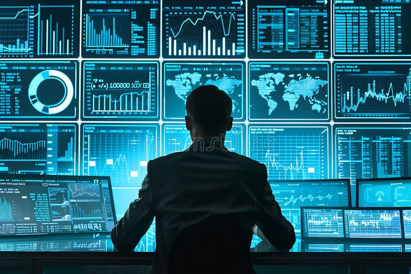 Professional Analyst Monitoring Data on Multiple Screens in a High-Tech ...