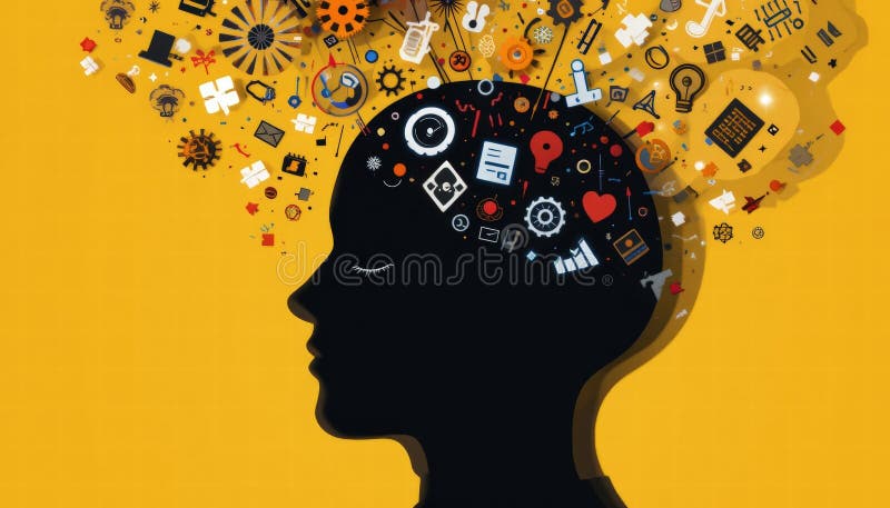 Silhouette of a Profile with Abstract Thoughts and Symbols Emerging ...