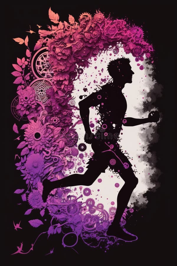 Silhouette in Profile of a Man Running Made of Gears Flowers ...