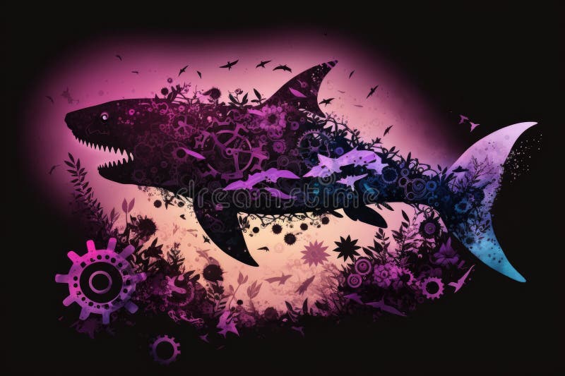 Silhouette in Profile of a Shark Running Made of Gears Flowers ...