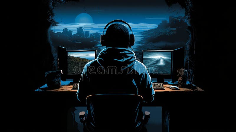 Silhouette of a Programmer Coding on a Screen in Dark Blue and Grey ...