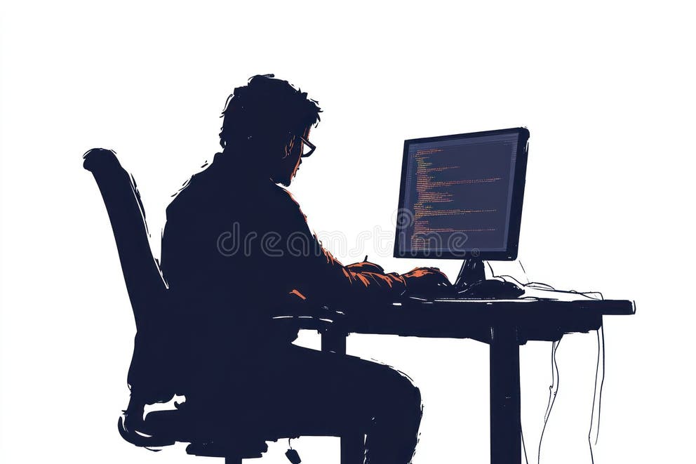 Silhouette of Programmer at Desk on White Stock Photo - Image of blank ...