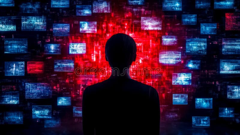 Programmer Looking at Multiple Computer Screens Changing Rapidly with Data and Code Stock Image ...