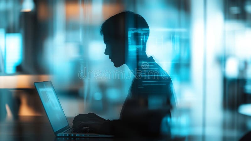 Silhouette of a Programmer Working on a Laptop in a High-tech ...