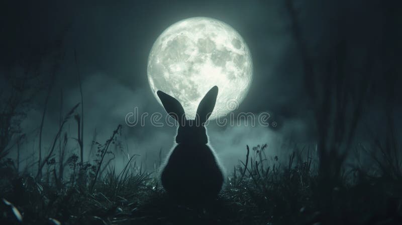 Silhouette of Rabbit Against a Full Moon at Night Stock Illustration ...