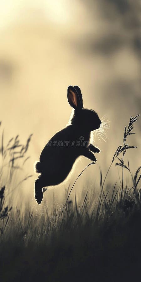 Silhouette of a Rabbit Leaping in a Meadow at Sunrise Stock ...