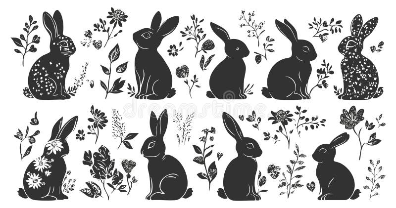 Silhouette Rabbits and Floral Patterns in Black and White Design Stock ...