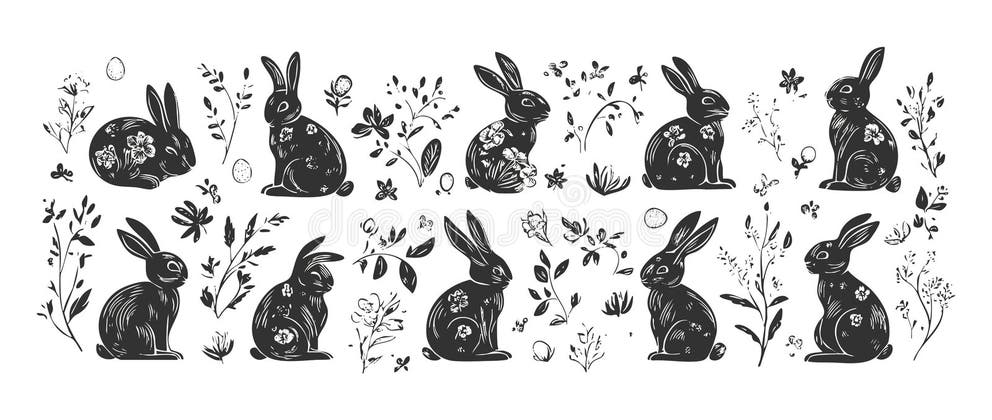 Silhouette Rabbits with Floral Patterns and Nature Elements Stock ...