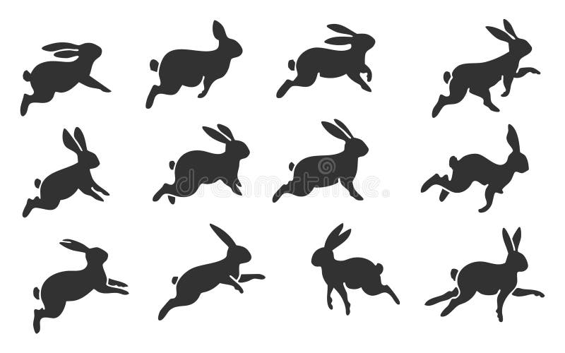 Silhouette Rabbits Jumping and Running in Various Poses Stock Vector ...
