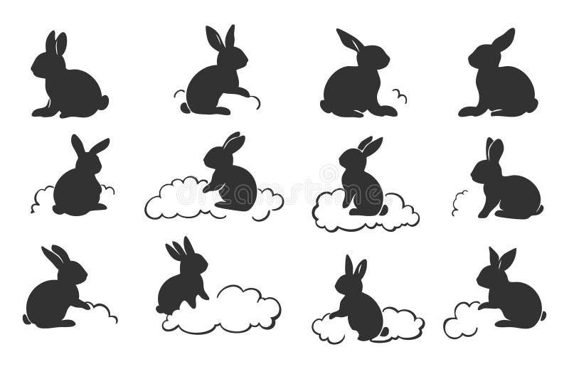 Silhouette Rabbits Sitting on Clouds in Various Poses Stock ...