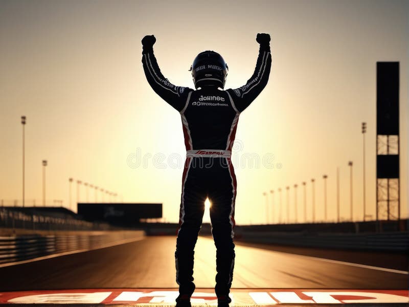 Race Car Driver Celebrating the Win in a Race Against Bright Stadium ...