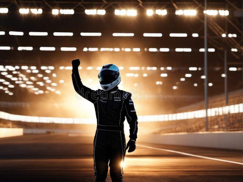 Race Car Driver Celebrating the Win in a Race Against Bright Stadium ...