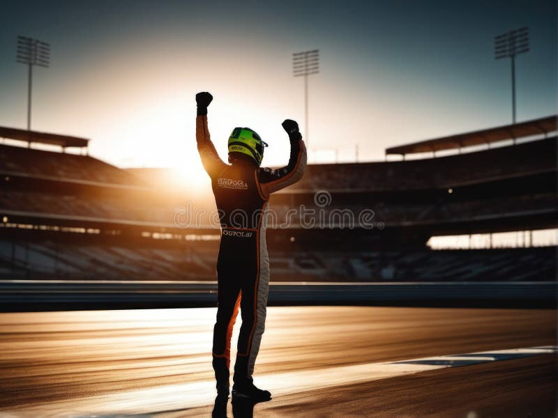 Race Car Driver Celebrating the Win in a Race Against Bright Stadium ...