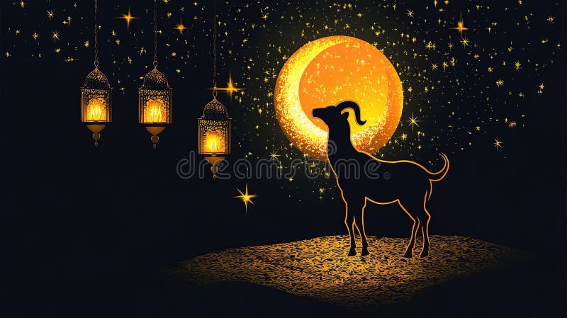 Silhouette of Ram Under Crescent Moon and Lanterns Stock Photo - Image ...