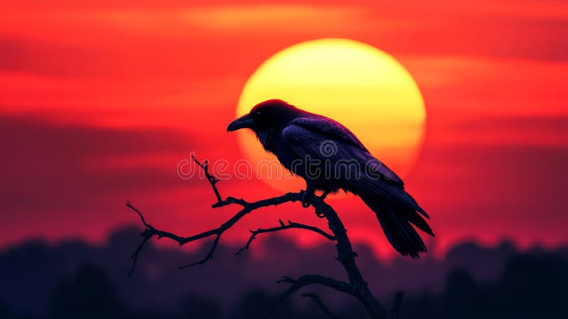 Majestic Raven Sunset Silhouetted Against Vibrant Sky Stock Photos ...
