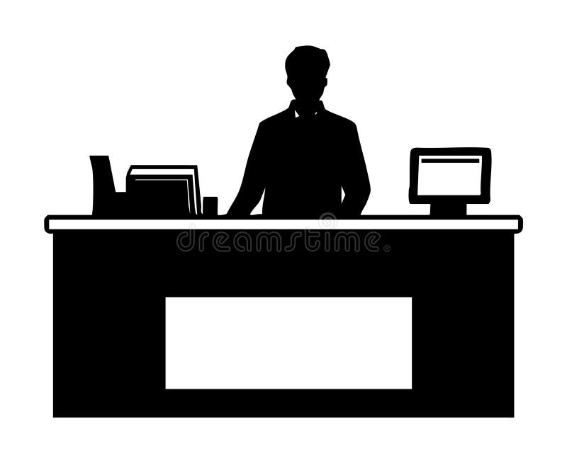 A Silhouette of a Receptionist Standing Behind a Desk with a Computer ...