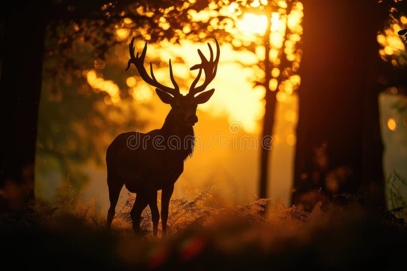 Silhouette of a Red Deer Stag in the Forest at Sunset Stock ...