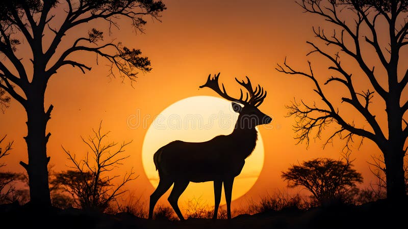 Silhouette of a Red Deer at Sunset in the Savannah Stock Photo - Image ...